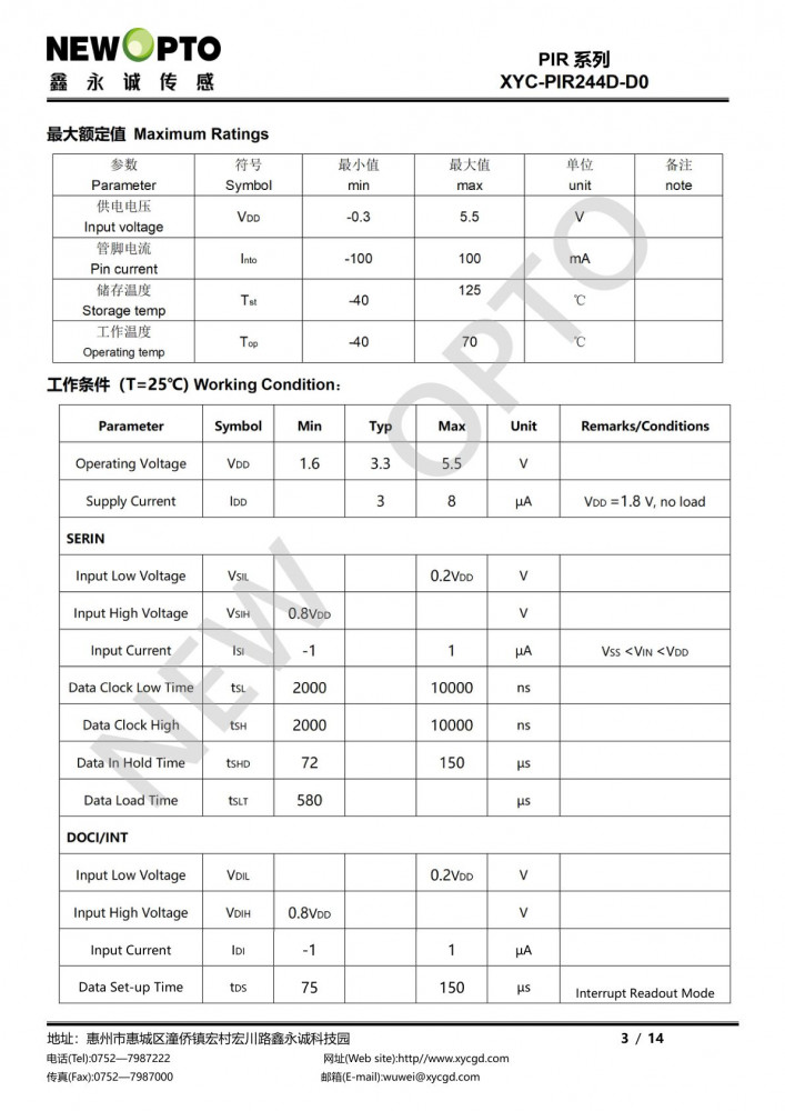 XYC-PIR244D-D0 technical document page 3