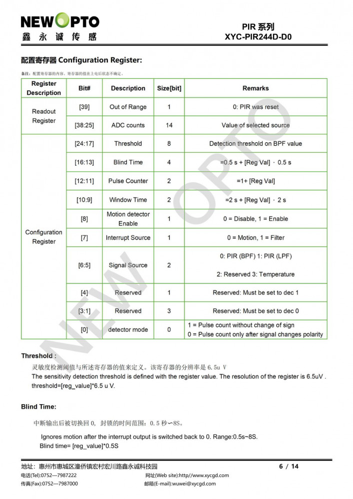 XYC-PIR244D-D0 technical document page 6