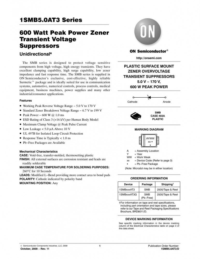 onsemi SMB TVS datasheet page 1