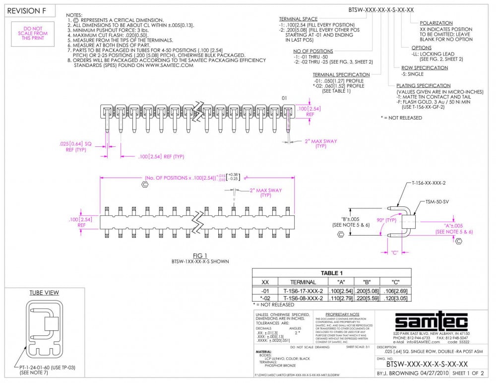 Samtec BTSW drawing sheet 1
