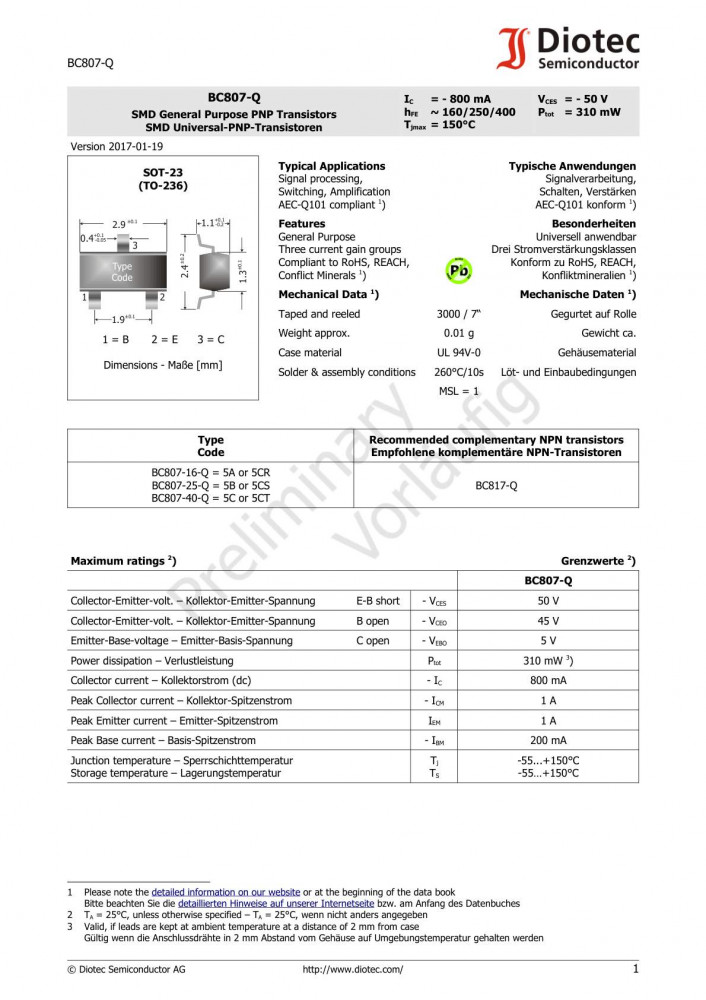 DIOTEC BC807-Q datasheet page 1