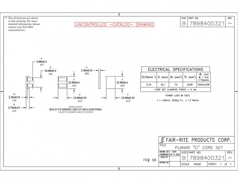 Fair-Rite 7898400321 technical drawing page