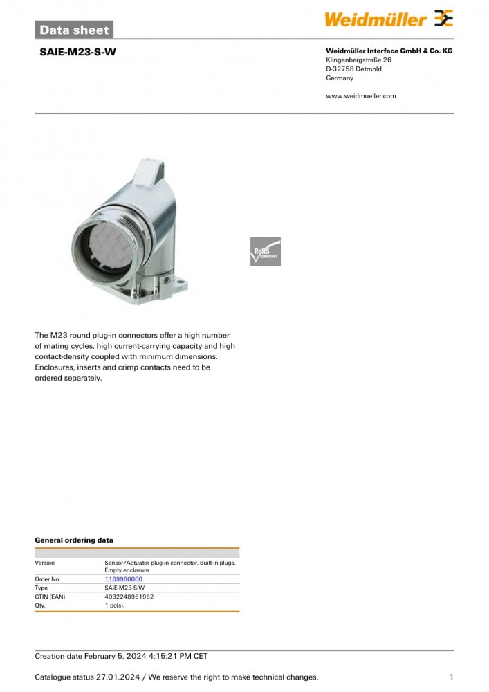 WEIDMULLER 1169980000 technical document page 1