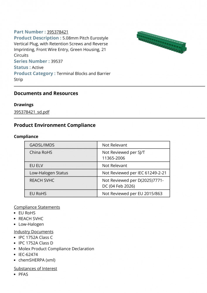 MOLEX 39537 series product drawing, page 1