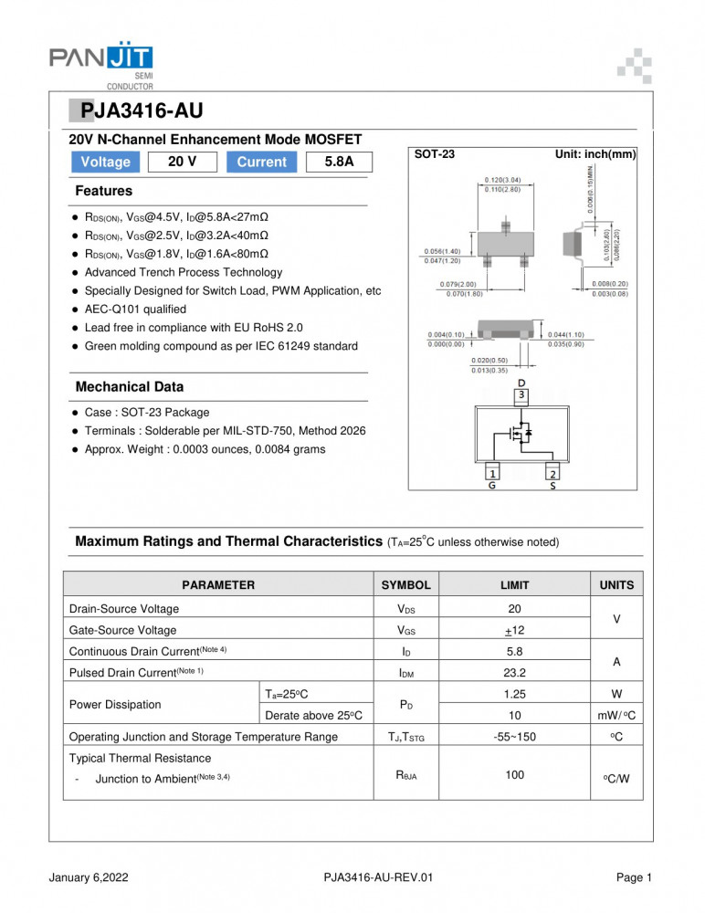 PJA3416-AU datasheet page 1