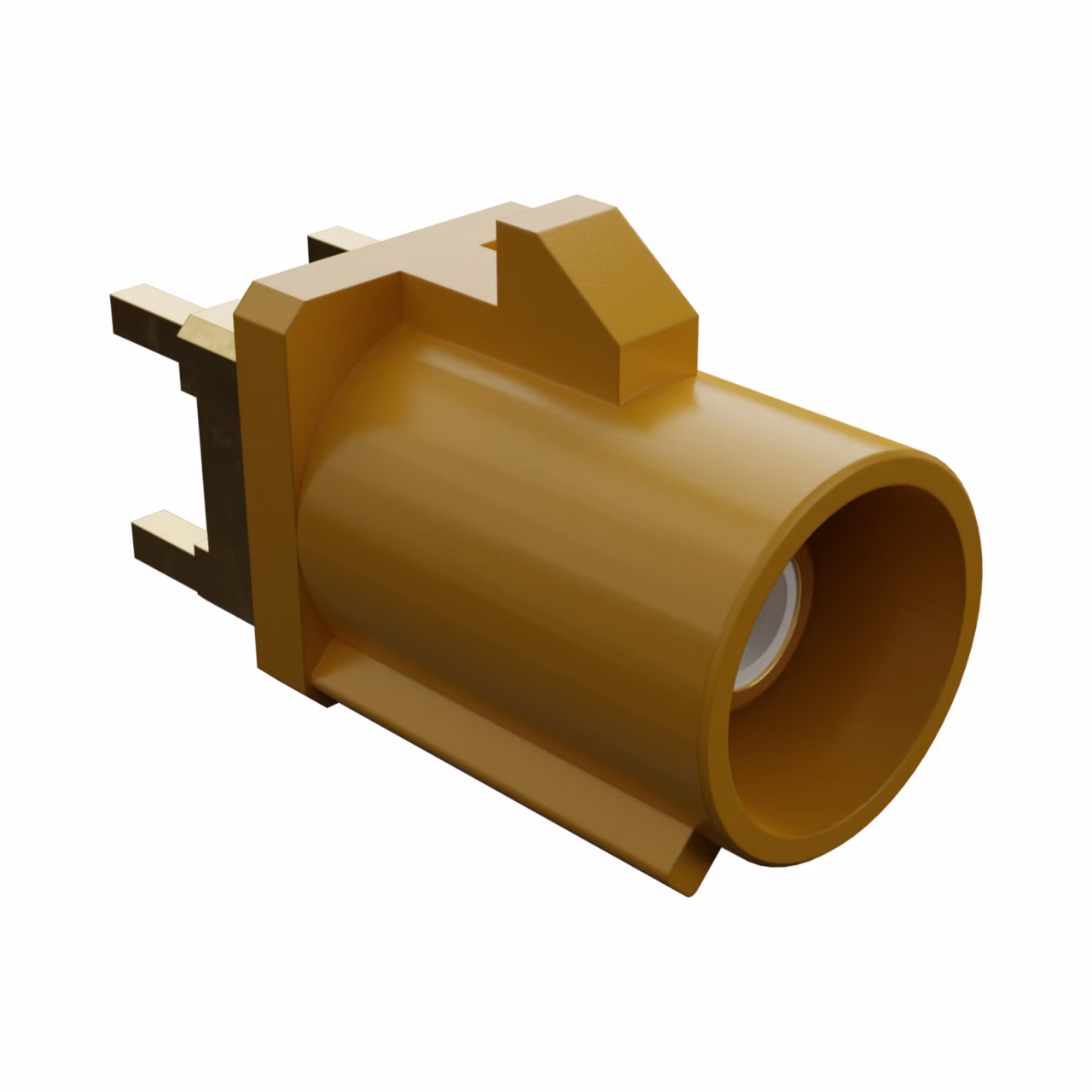 FAKRA Jack, Straight, PCB Receptacle, Through Hole, Brass Body, Gold (Au) Plated, Keying Code K, Curry Yellow, 50 Ohms for sale