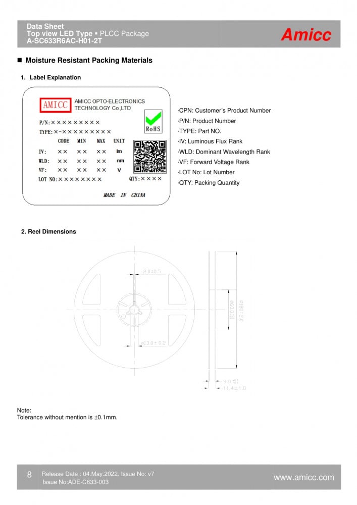 A-SC633R6AC-H01-2T reel dimensions