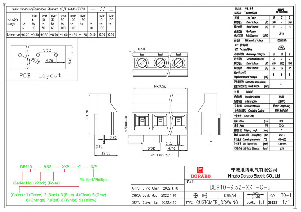 DORABO DB910-9.52-6P-GN-S technical drawing and specification page