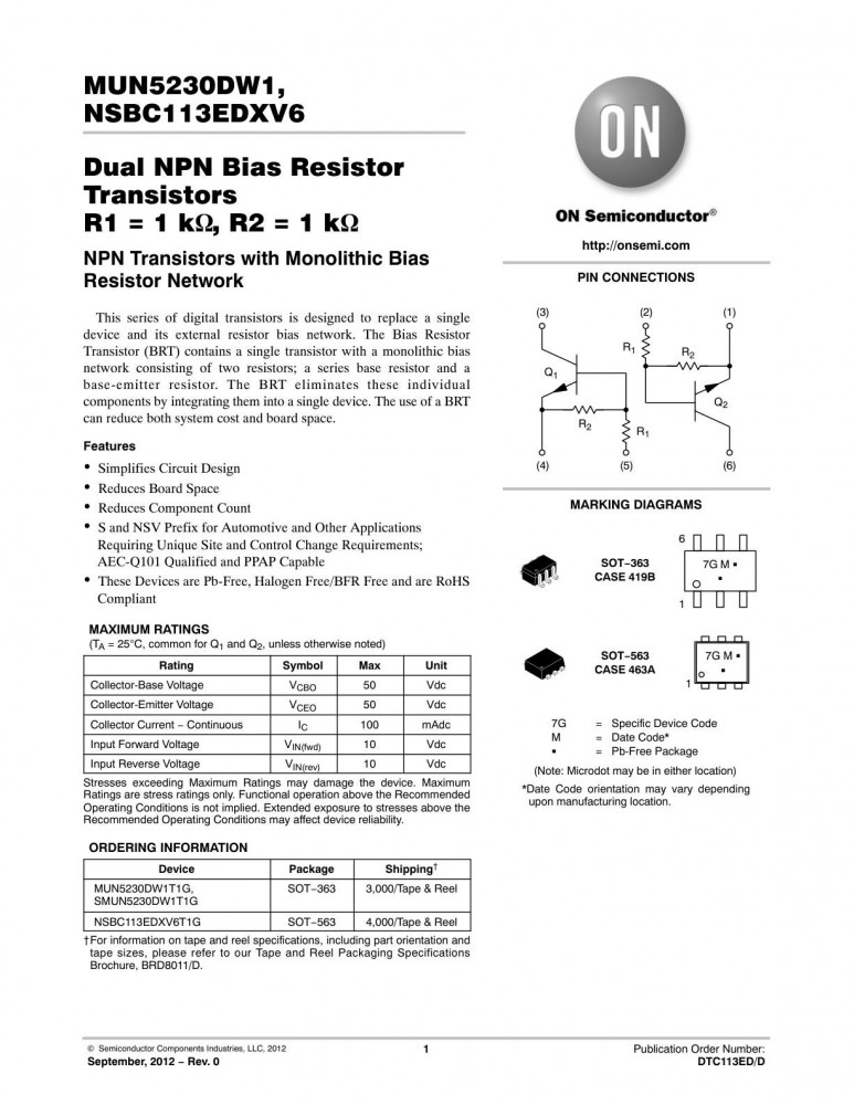 SMUN5230DW1T1G datasheet page 1