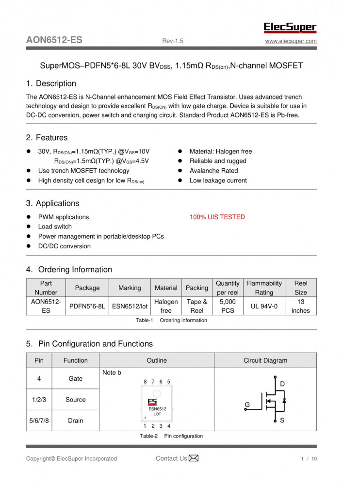 AON6512-ES datasheet page 1
