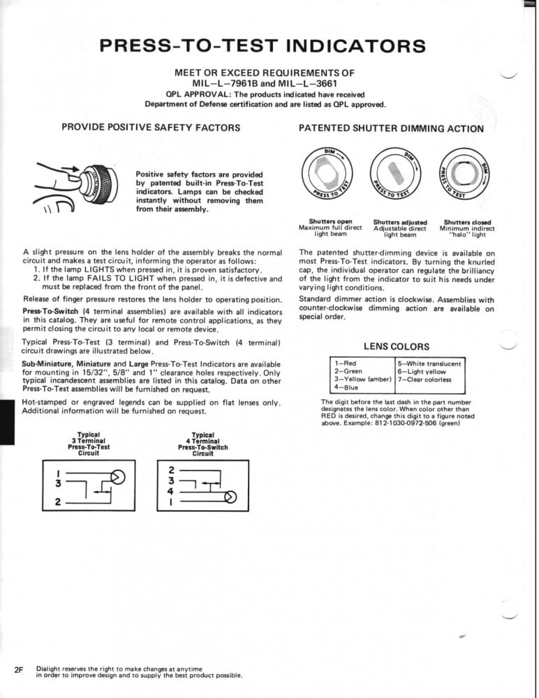 Dialight press-to-test indicator documentation page 1