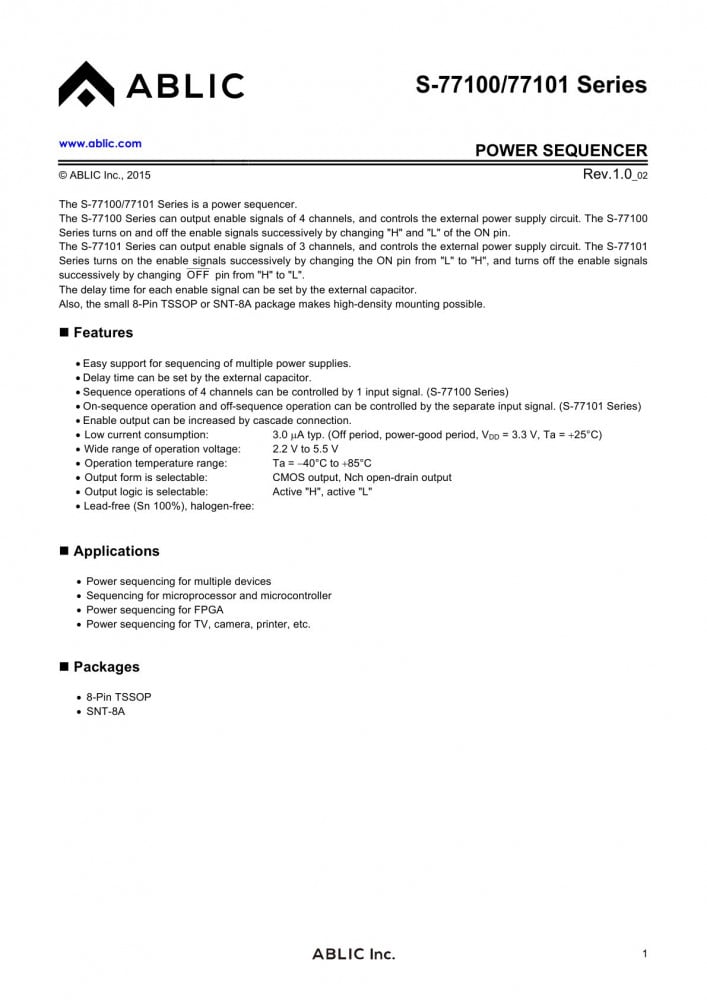 ABLIC S-77100 series datasheet page 1
