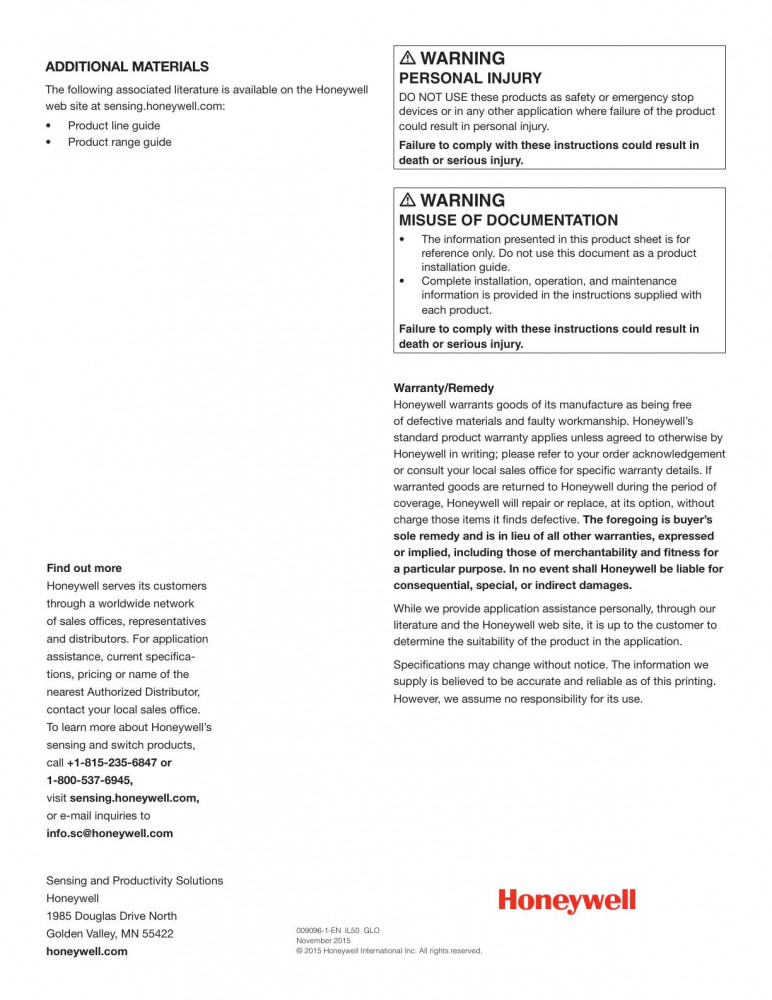 Honeywell 115 Series datasheet page 4