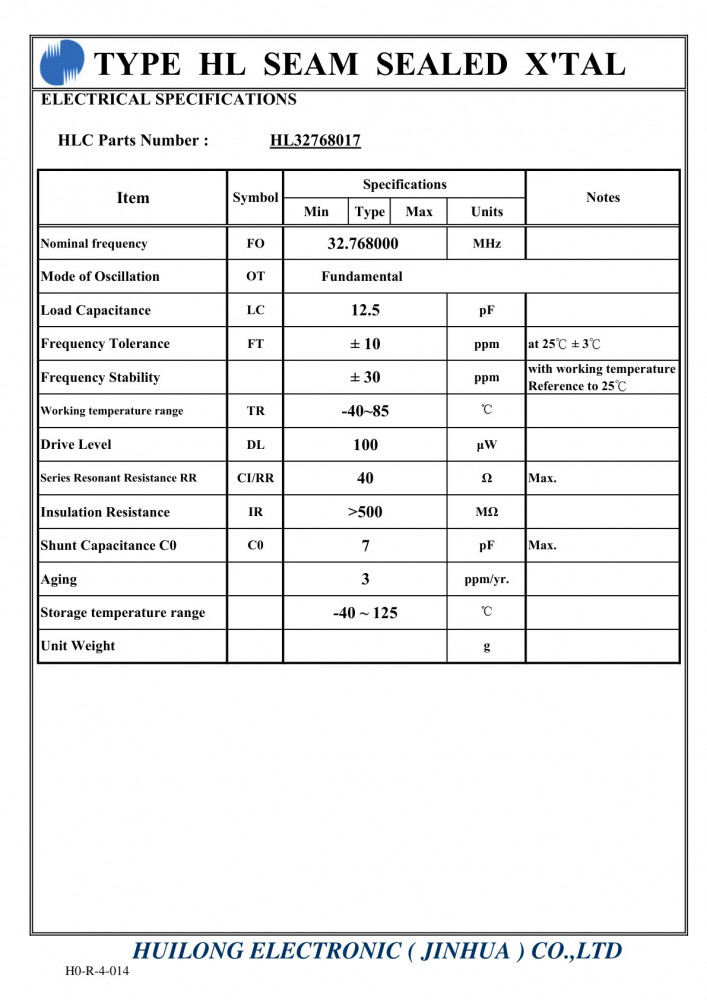 HL32768017 electrical specifications page