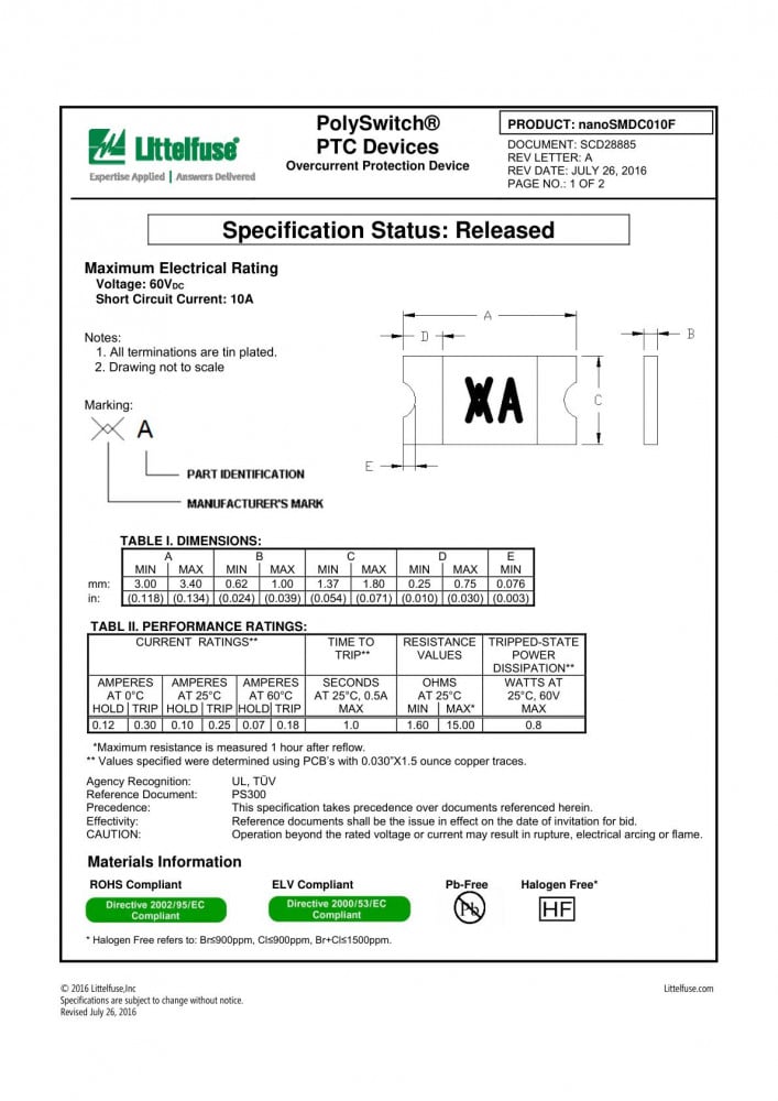 NANOSMDC010F-2 Littelfuse specification document page 1