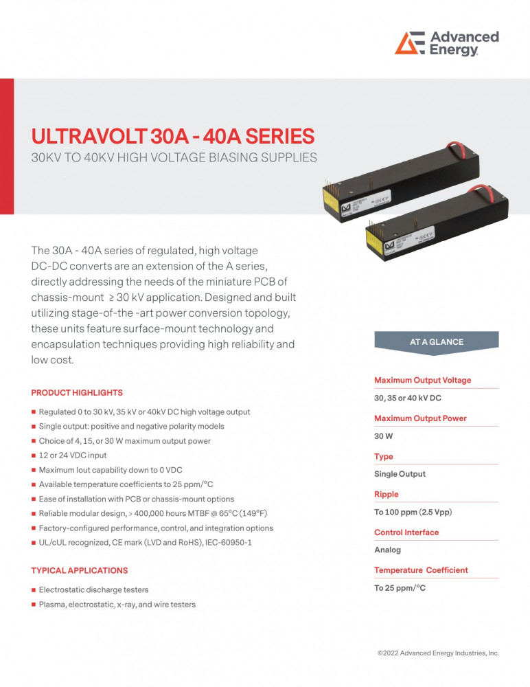 Advanced Energy UltraVolt 30A–40A series datasheet page 1