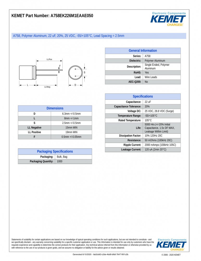KEMET A758EK226M1EAAE050 technical document
