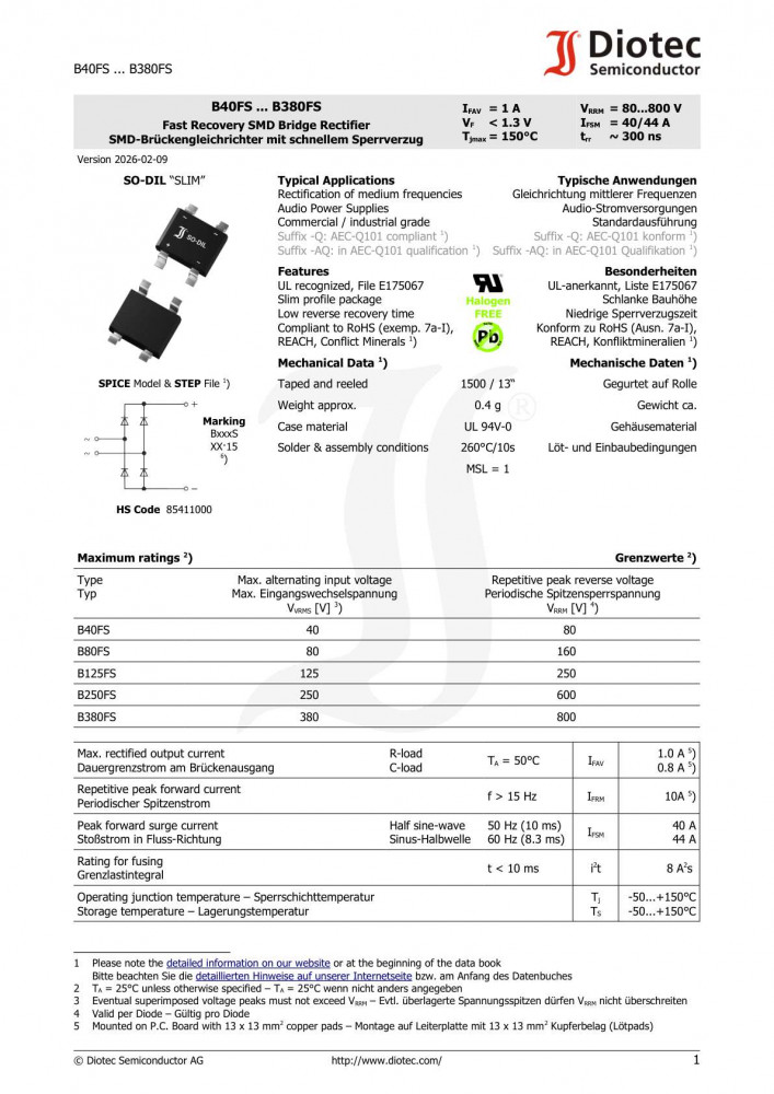 DIOTEC B250FS datasheet page 1