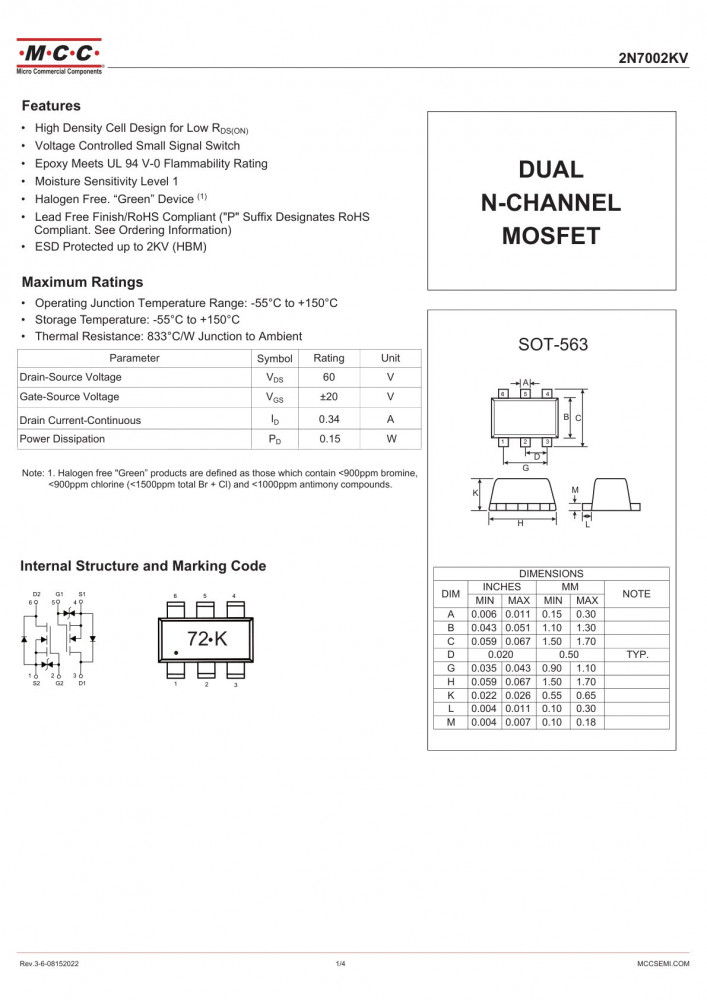 2N7002KV-TP datasheet page 1