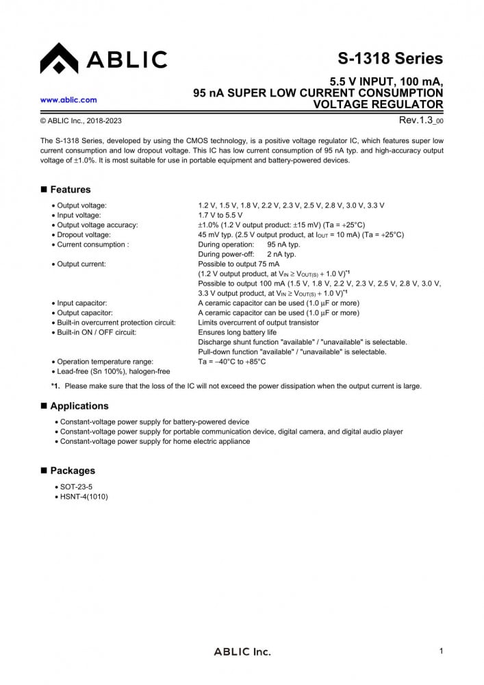 ABLIC S-1318 datasheet page 1