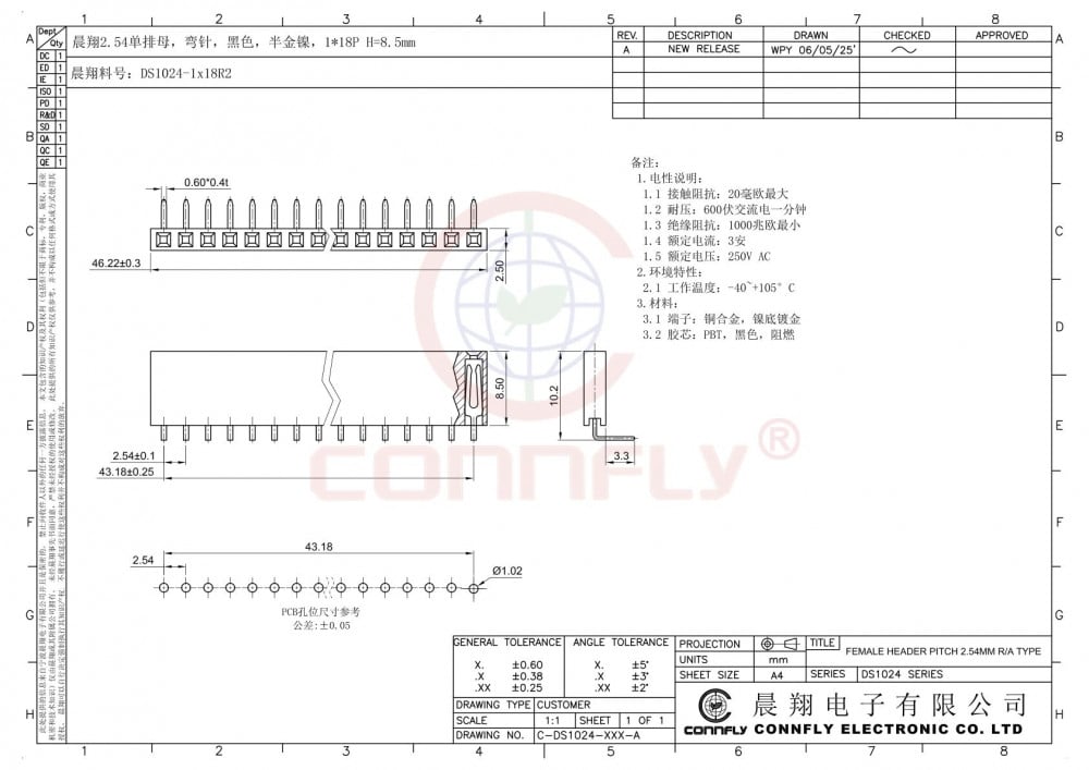 CONNFLY Elec DS1024-1x18R2 product drawing