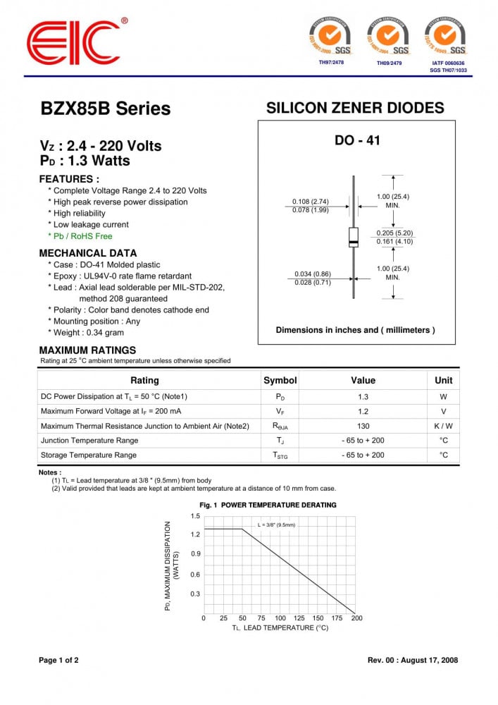 EIC BZX85B series datasheet page 1