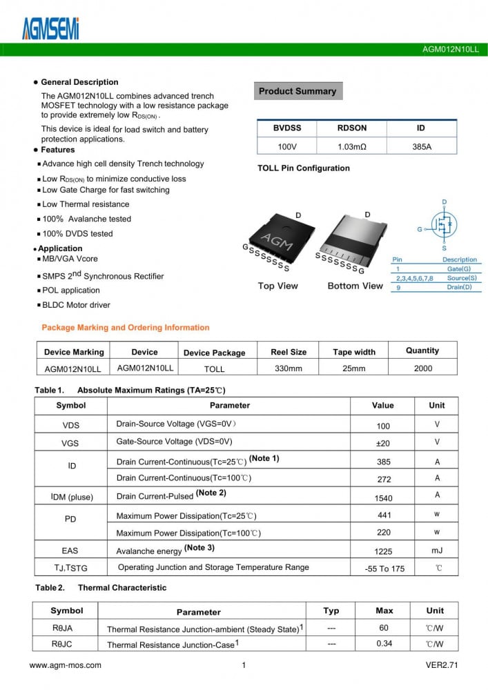 AGM012N10LL datasheet page 1