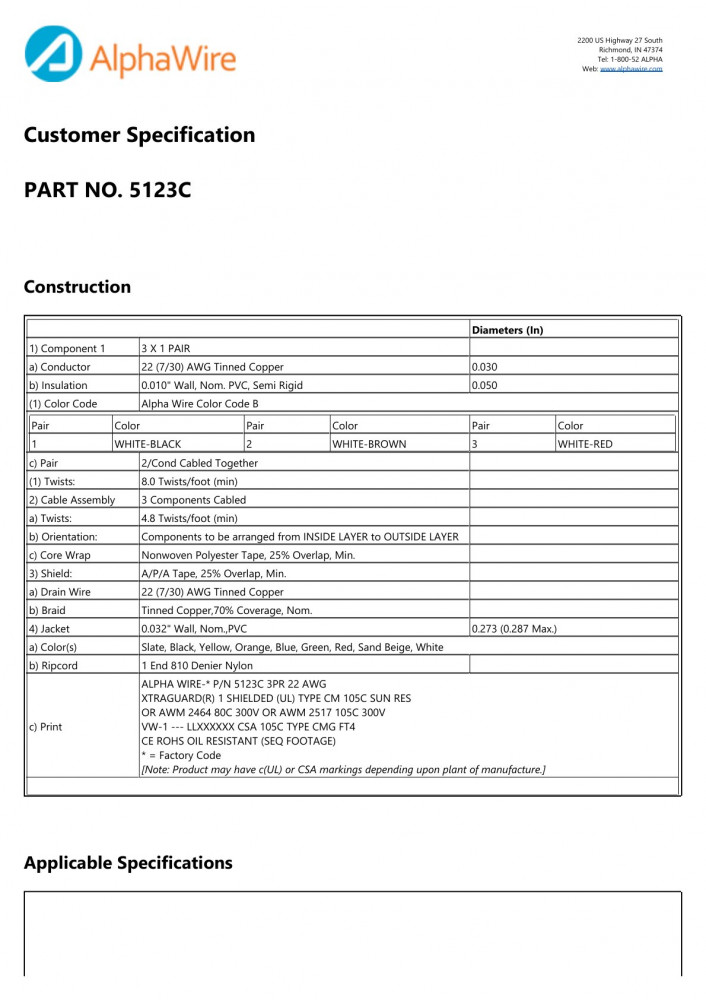Alpha Wire 5123C technical document page 1