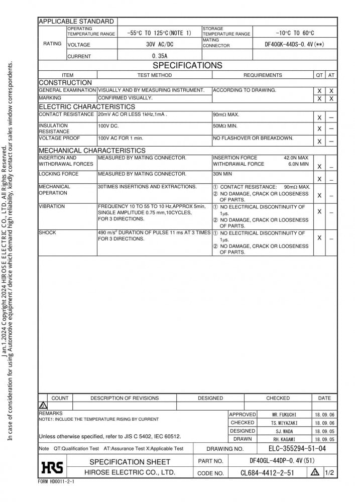 HRS DF40GL-44DP-0.4V(51) specification sheet page 1