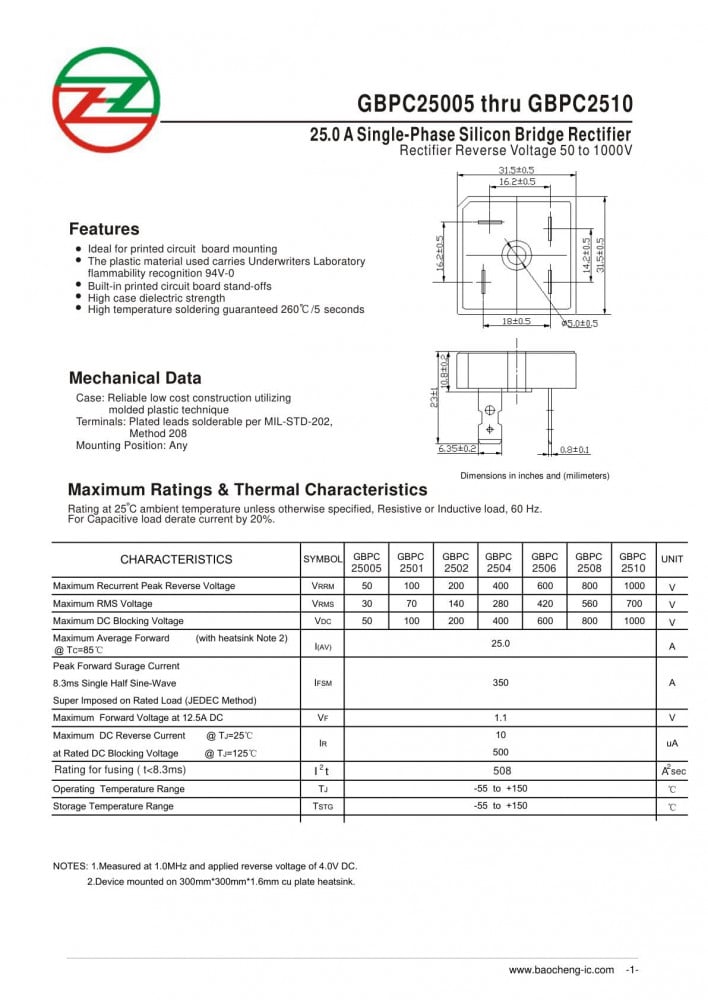 GBPC2510 datasheet page showing package and electrical information