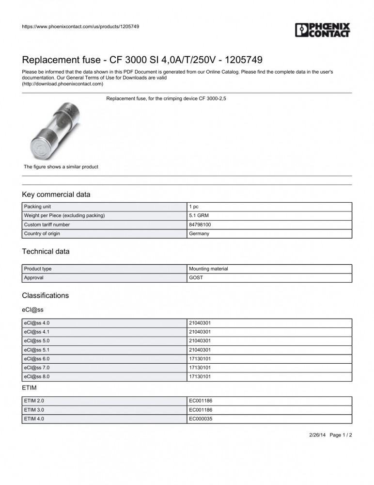 Phoenix Contact 1205749 product document page 1