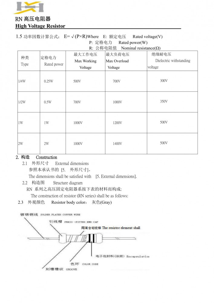 RN high-voltage resistor specification page 3
