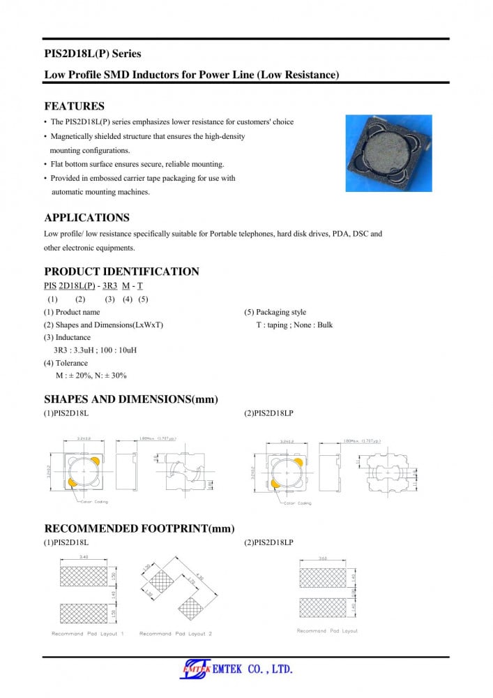 EMTEK PIS2D18L(P) series datasheet page 1