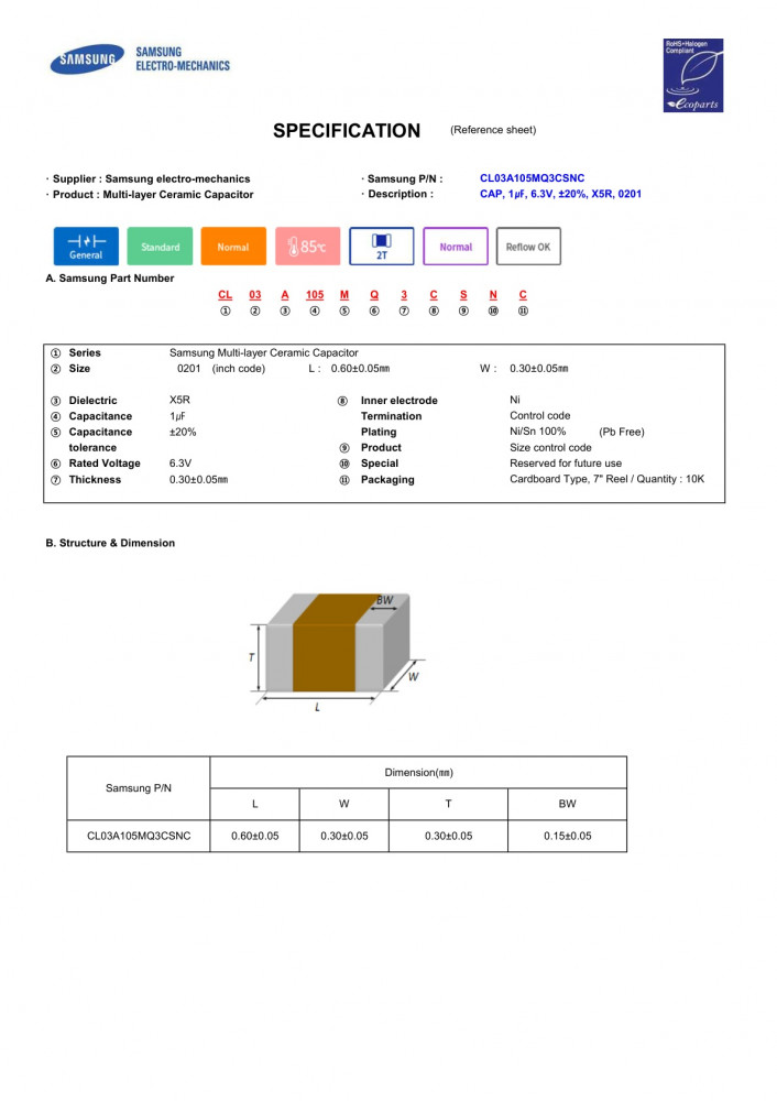 CL03A105MQ3CSNC technical document page 1