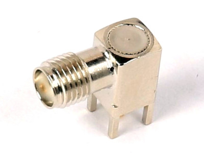 SMA Jack, Right-Angle, PCB Receptacle, Through Hole, Brass Body, Nickel (Ni) Plated, One Piece Per Bag, 50 Ohms for sale