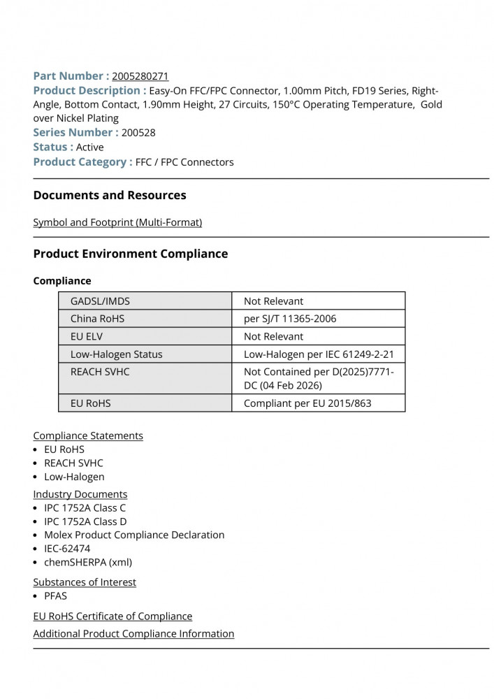 Technical document page 1 for MOLEX 2005280271