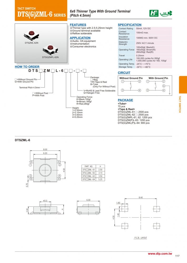 Diptronics DTS(G)ZML-6 series datasheet page 1