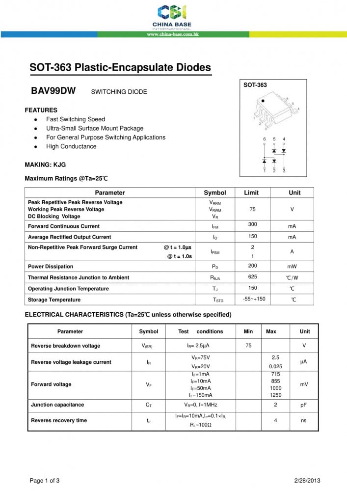 BAV99DW datasheet page 1