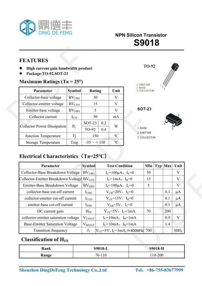 DDF S9018-TO-92 datasheet page