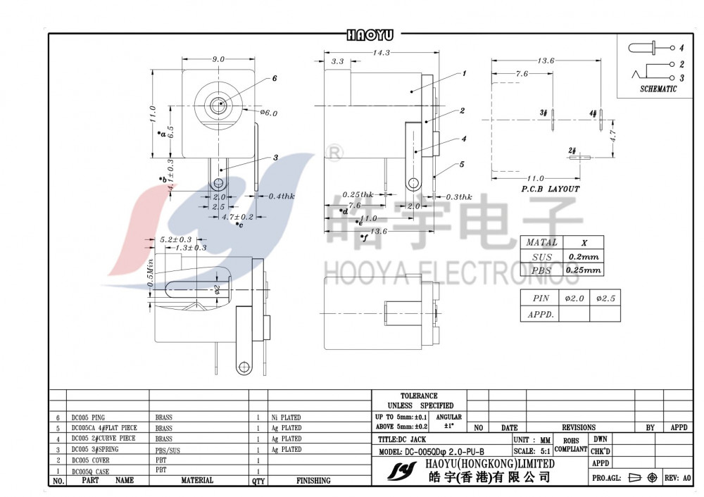 HOOYA DC-005QDφ2.0-PU-B technical drawing