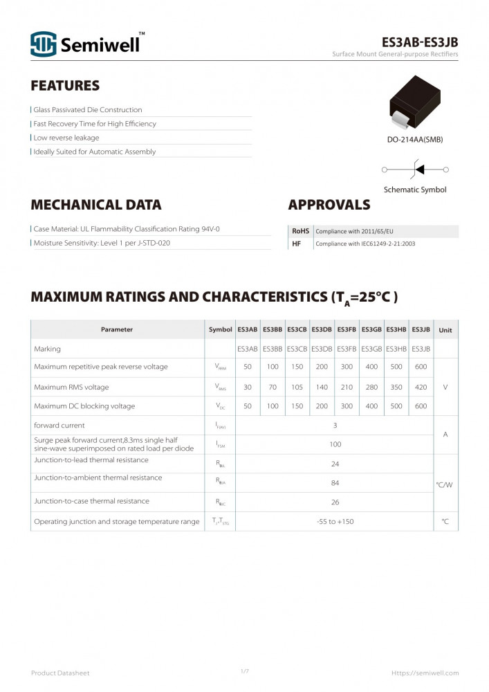 Semiwell ES3JB datasheet page 1