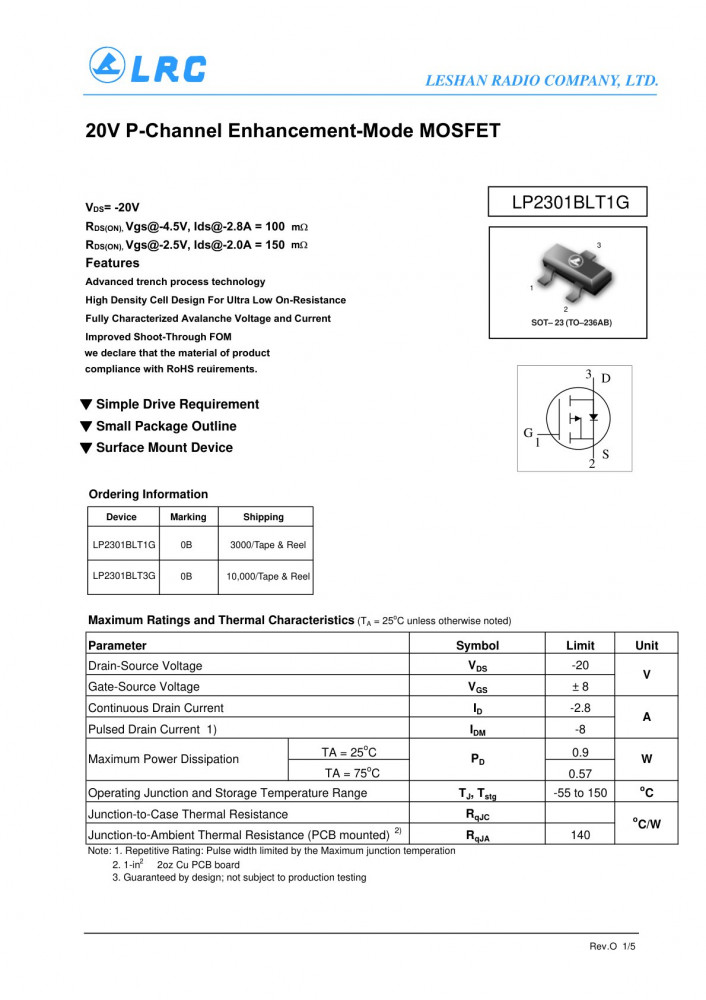 LP2301BLT1G datasheet page 1 preview