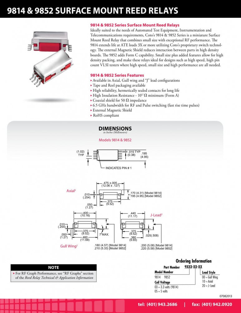 COTO 9814 and 9852 surface mount reed relay datasheet page 1