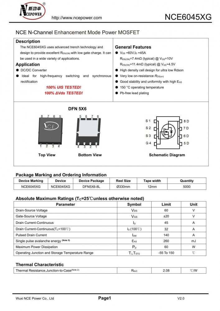 NCE6045XG datasheet page 1