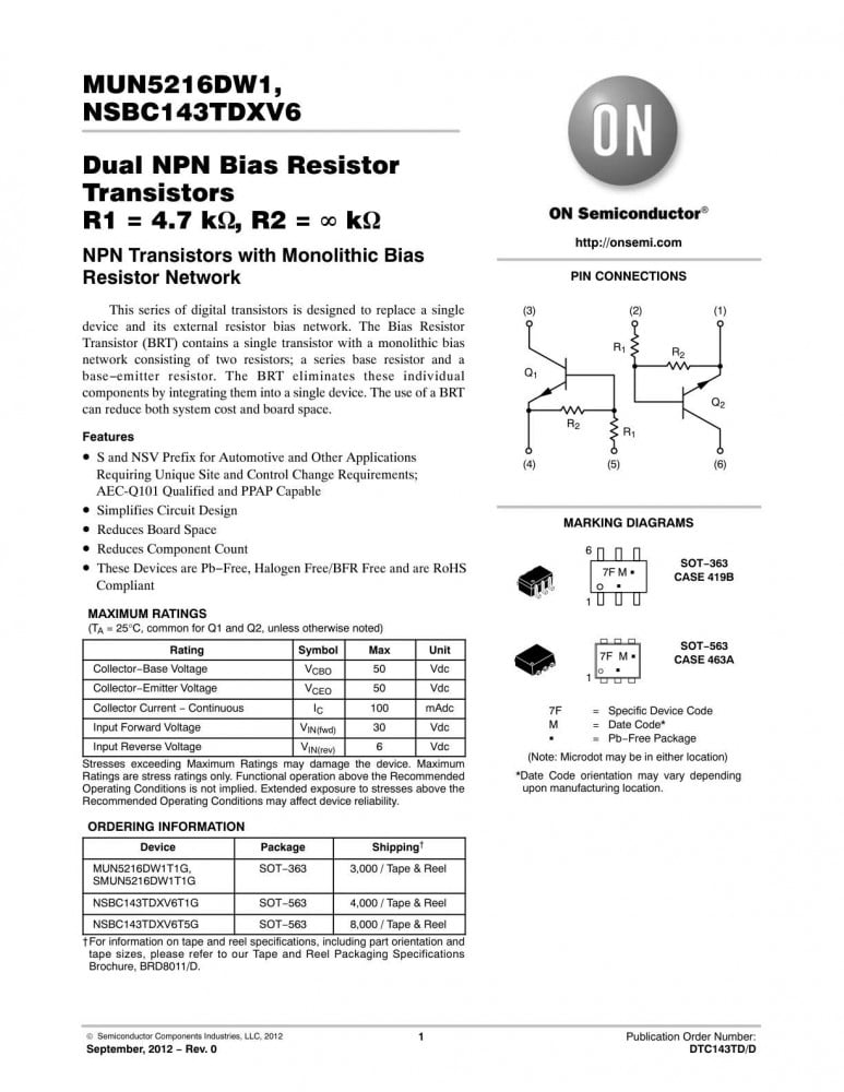 MUN5216DW1T1G datasheet page 1
