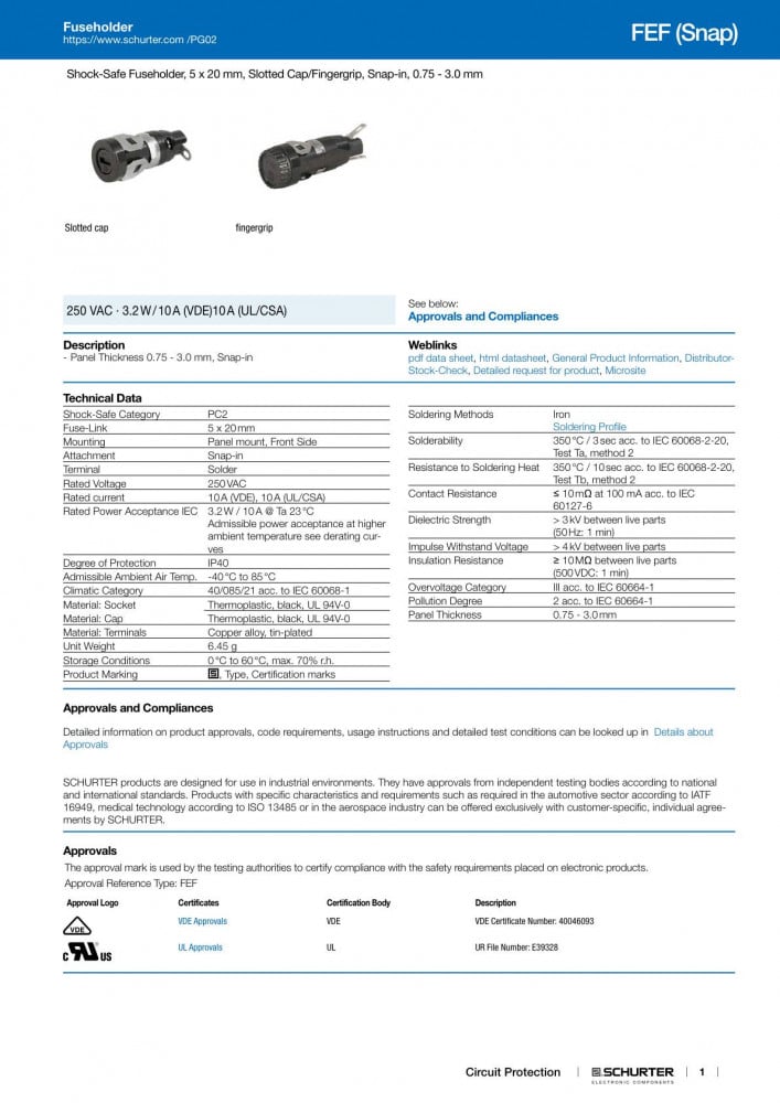 SCHURTER 0031.1092 technical document page 1