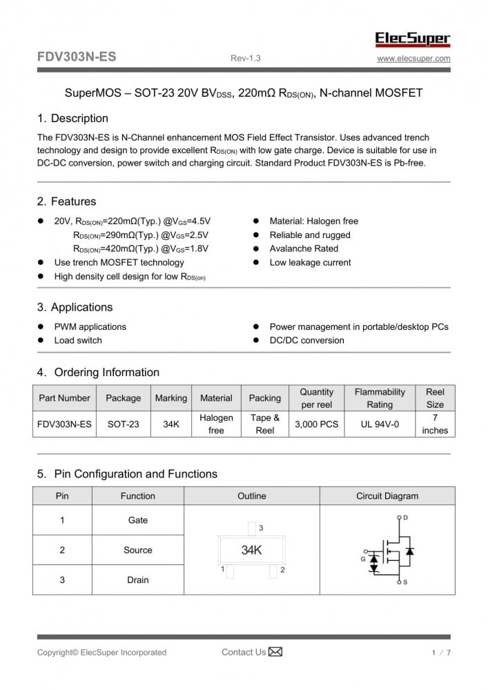 FDV303N-ES datasheet page 1
