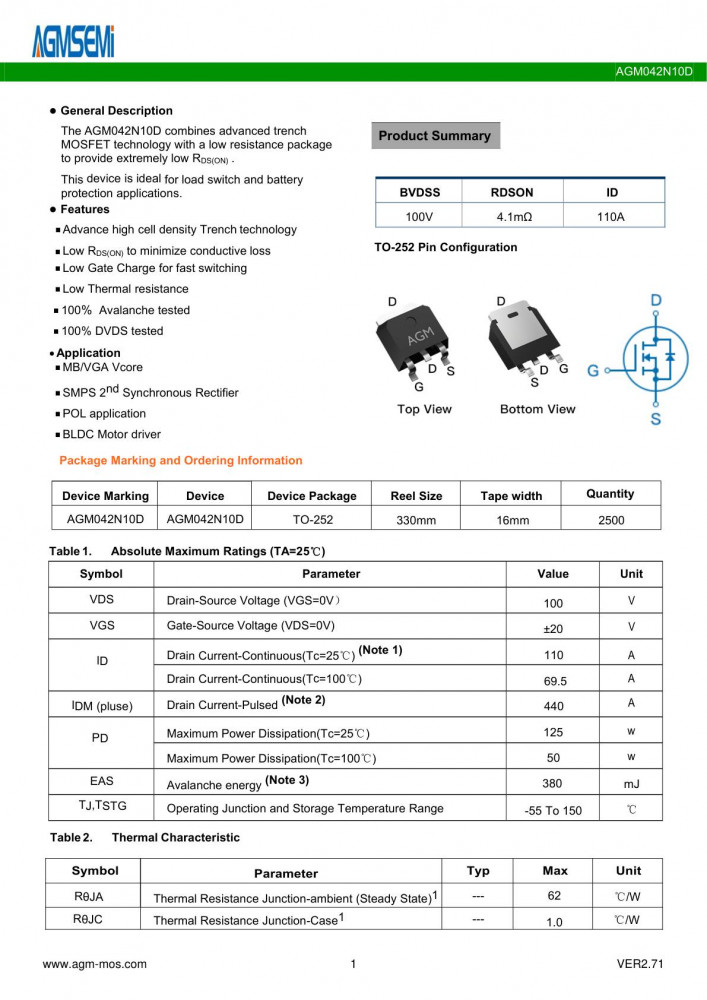 AGM042N10D datasheet page 1