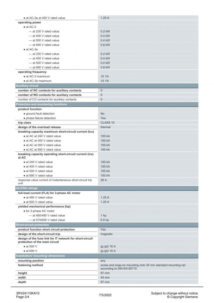 3RV24110KA10 technical document page 2