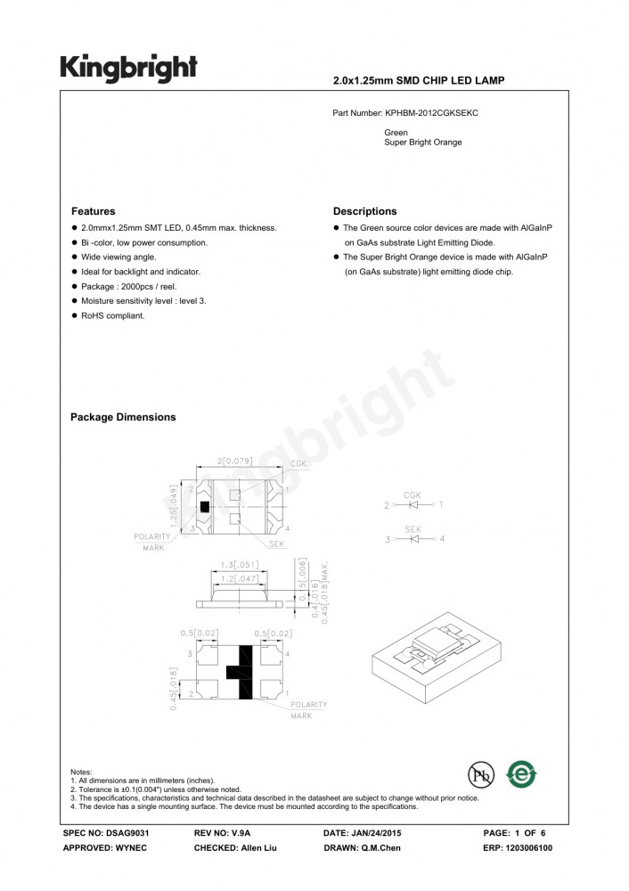 KPHBM-2012CGKSEKC datasheet page 1